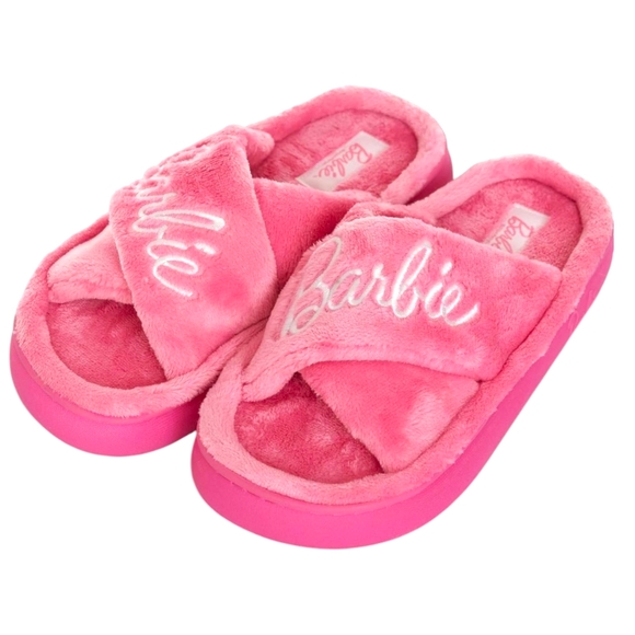 Barbie | Shoes | Barbie Pink Plush Slide Slippers With Embroidered Logo ...